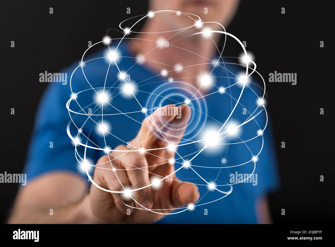 Man touching global connection on a touch screen with his finger Stock ...