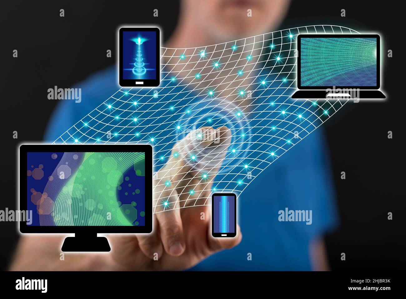 Man touching a device connection concept on a touch screen with his ...