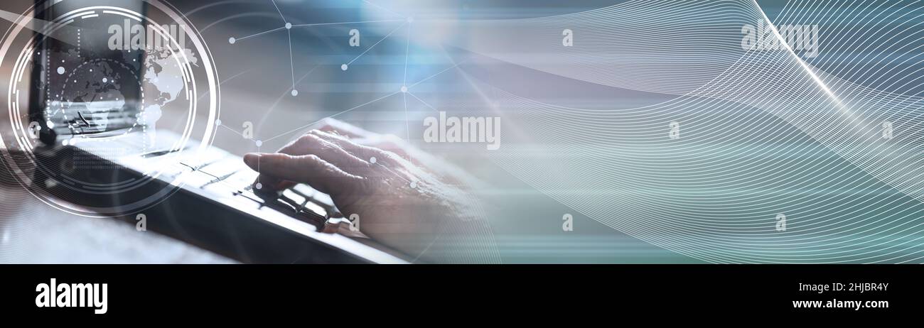 Hands typing on a laptop, hard light effect, overlayed with graphs ...