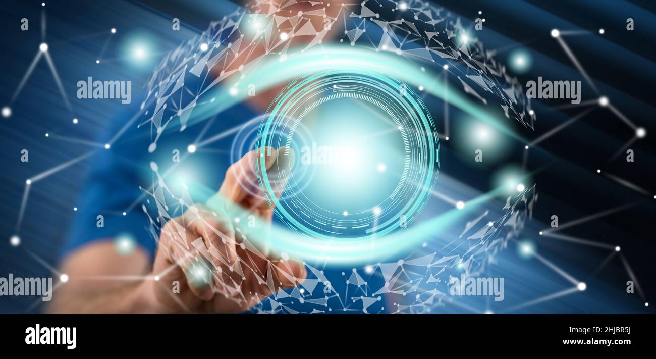 Man touching a digital eye concept on a touch screen with his finger ...