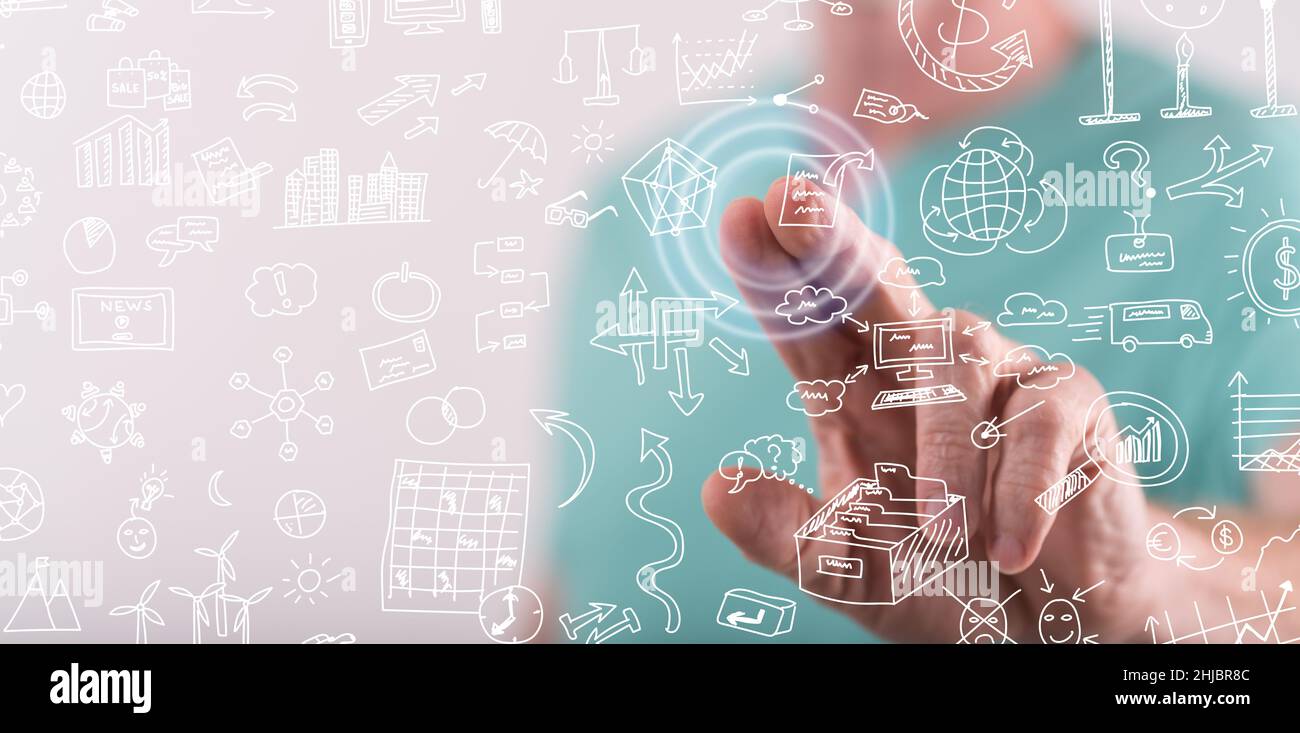 Man touching business doodles on a touch screen with his finger Stock ...