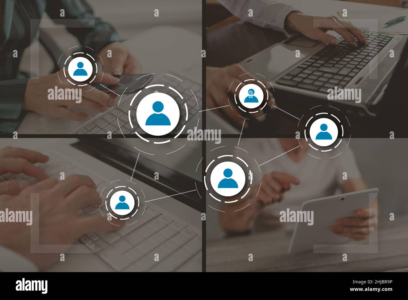 Social media and teamwork concept illustrated by pictures on background ...