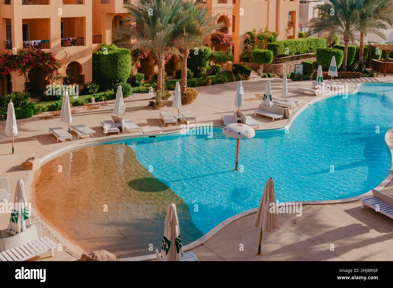 Beautiful swimming pool and palm trees in Egypt Stock Photo - Alamy