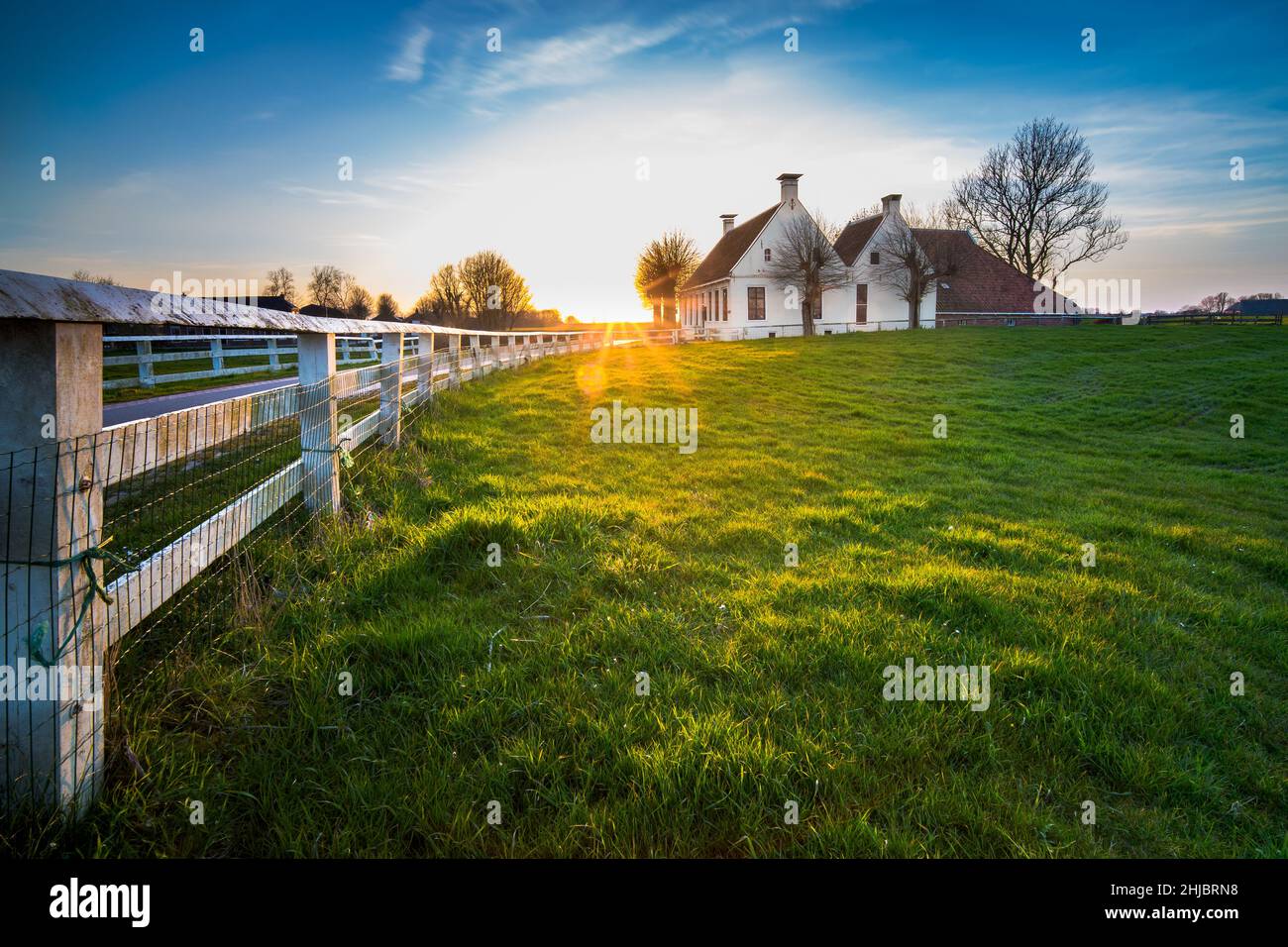 Dutch landscape with historical houses in evening along a curved road ...
