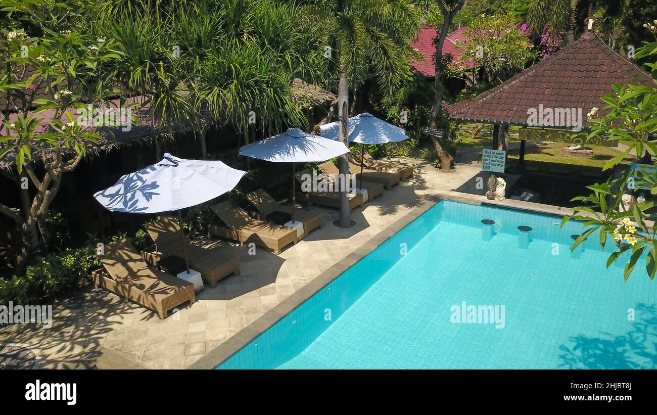 Hotel Poolside with Parasols and Palms. Top view shot Stock Photo - Alamy