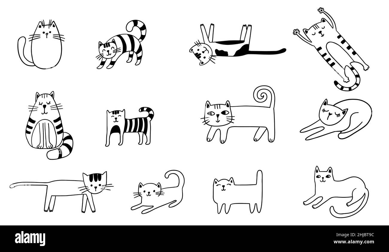 Pretty cat set. Funny kitten linear sketches. Vector cats illustration ...
