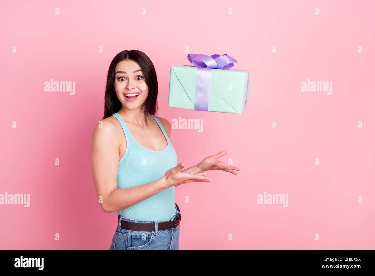 Profile photo of hooray millennial lady catch presents wear blue top ...