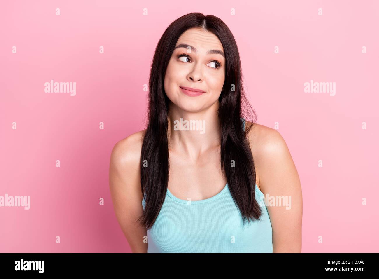 Photo of young attractive girl happy positive smile dream shy look ...