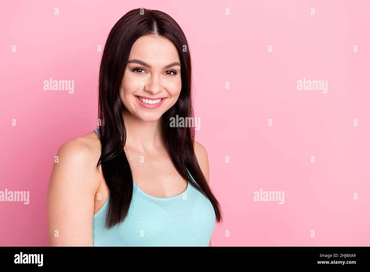 Profile side photo of young attractive girl happy positive smile wear ...