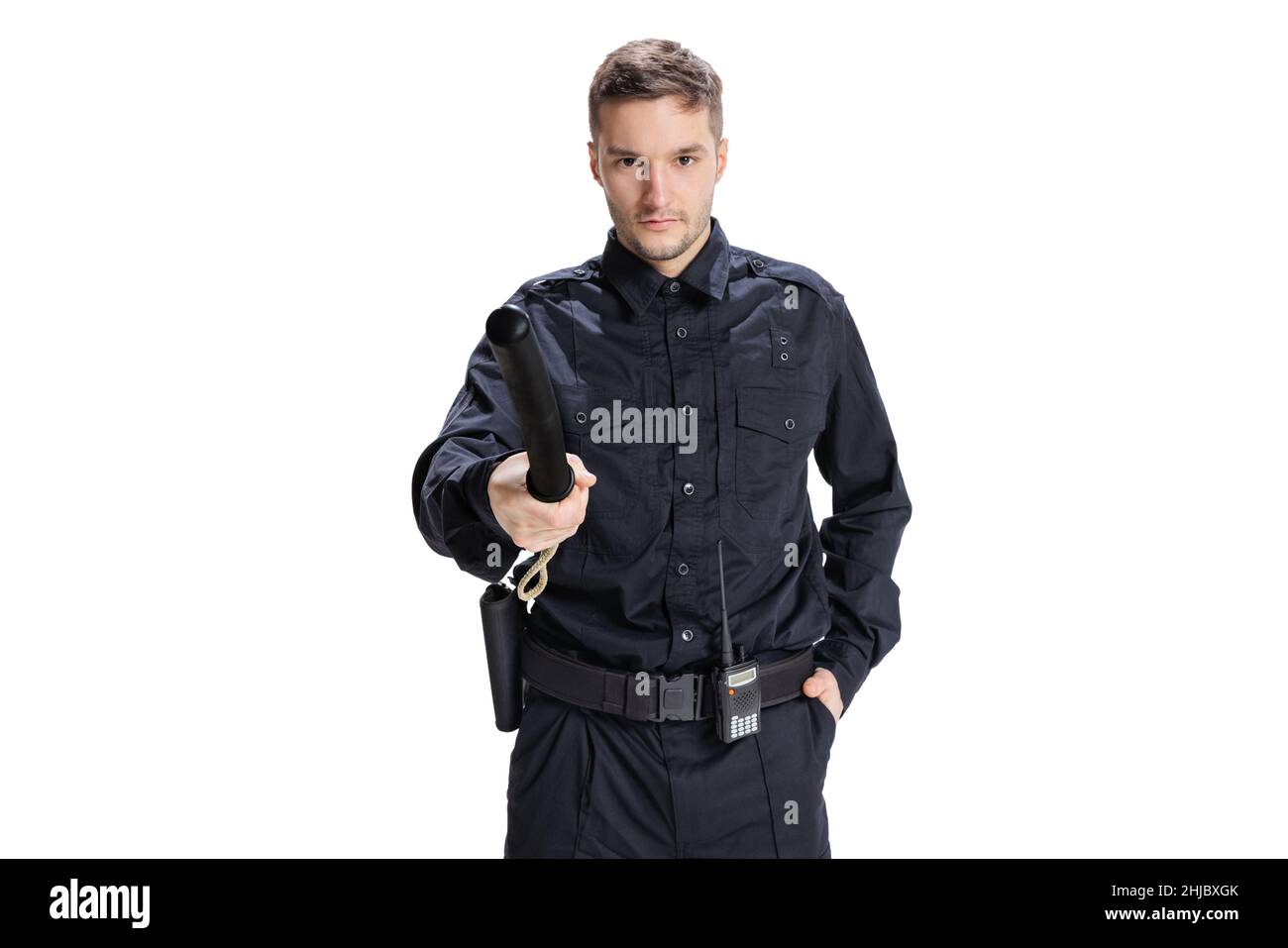 Half-length portrait of young male policeman officer wearing black ...