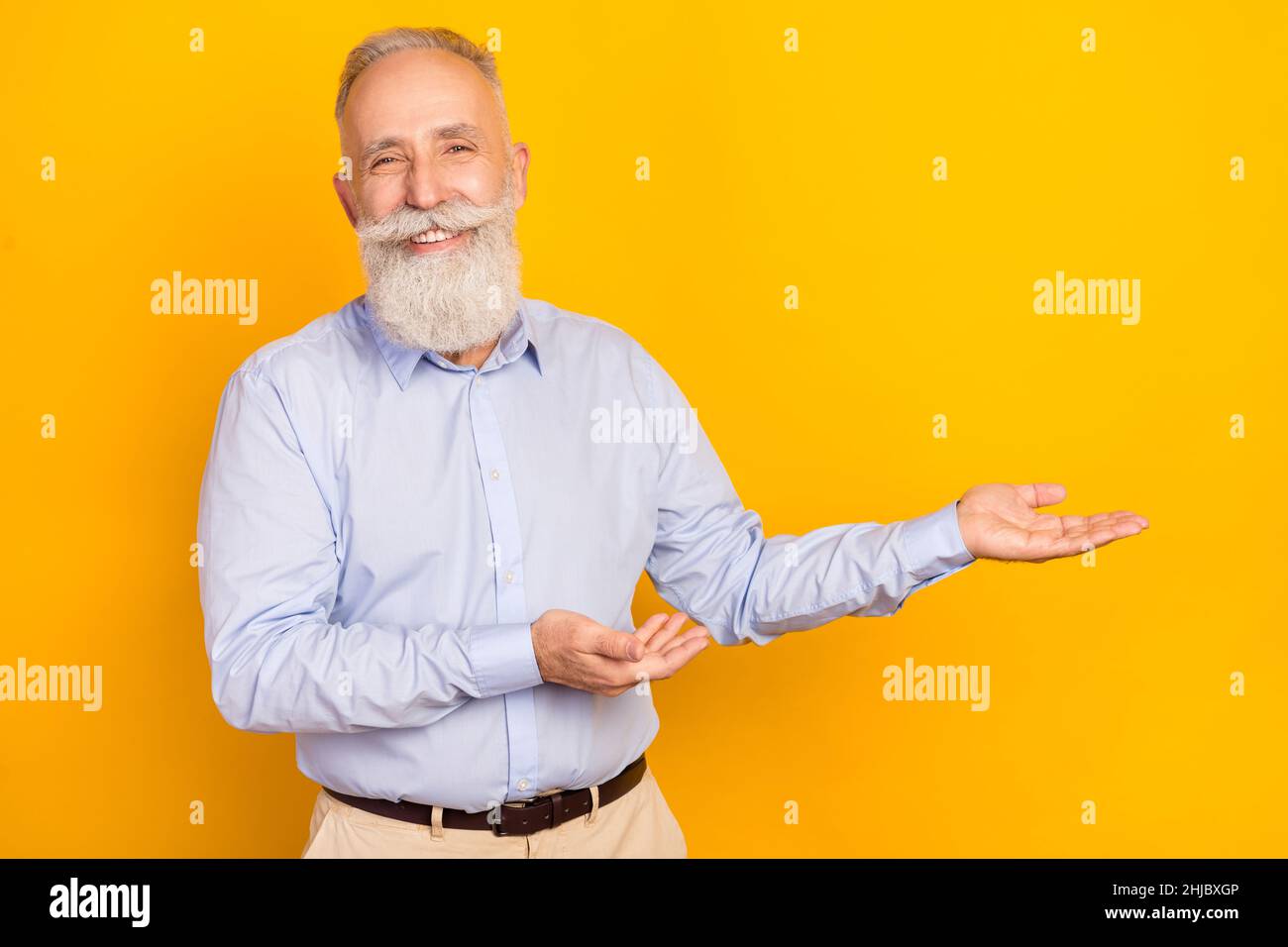 Photo of charismatic sweet mature man dressed formal outfit smiling ...