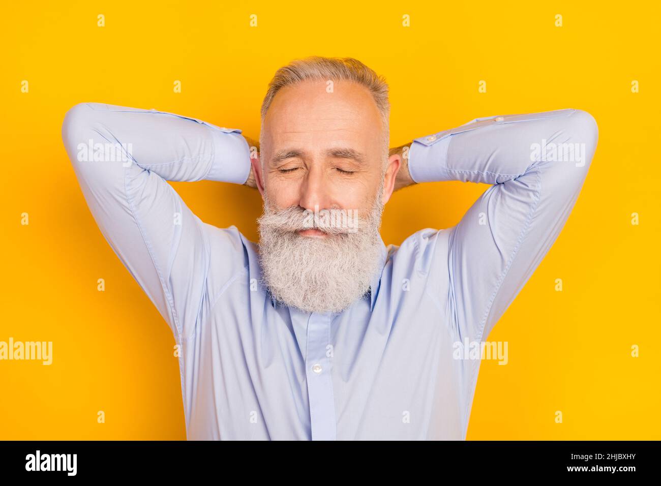 Portrait of attractive dreamy calm man resting sleeping pause break ...