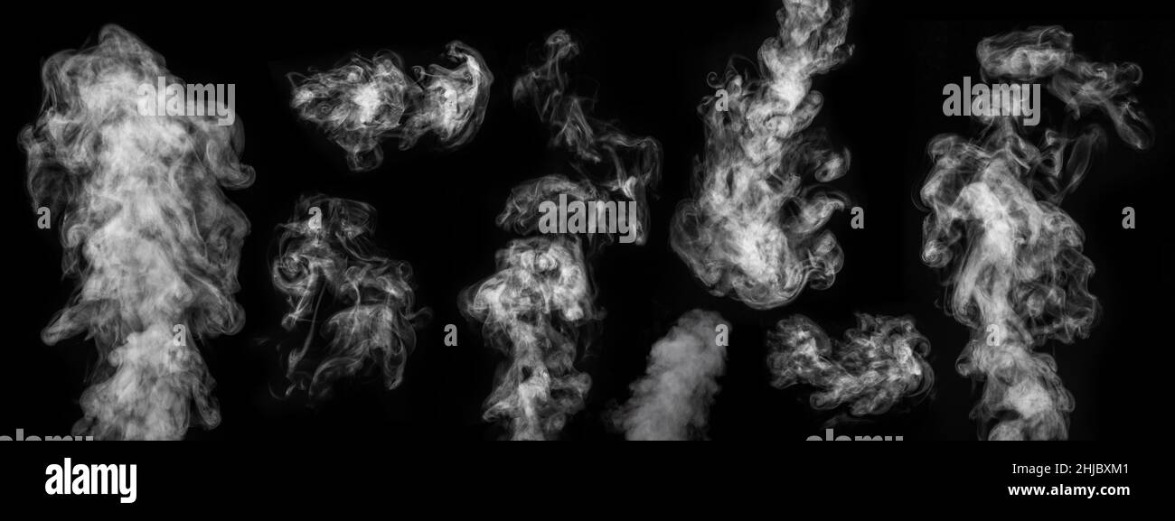 A set of eight different types of swirling, wriggling smoke, vapor ...