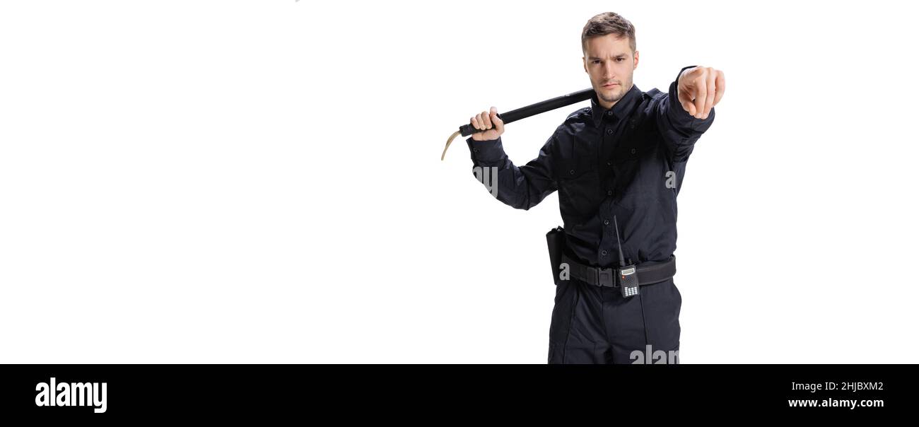 Flyer with young male policeman officer wearing black uniform posing ...