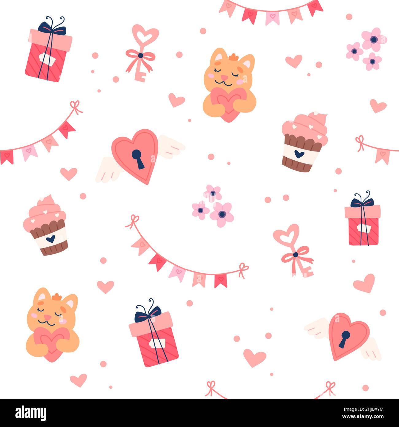 Valentine s day pattern with cute hearts, cats and garlands. Hand drawn ...