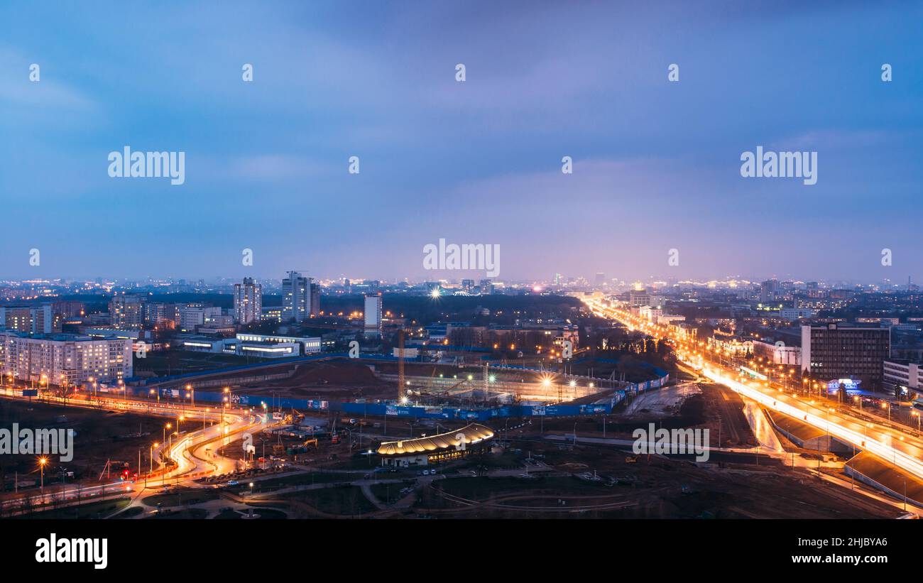 Minsk, Belarus. Aerial View Cityscape In Bright Blue Hour Evening And ...