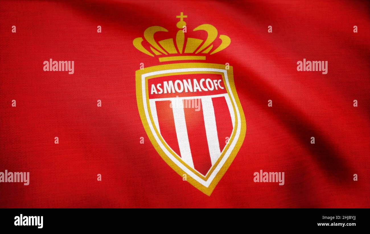 Close-up of waving flag with FC AS Monaco football club logo, seamless ...
