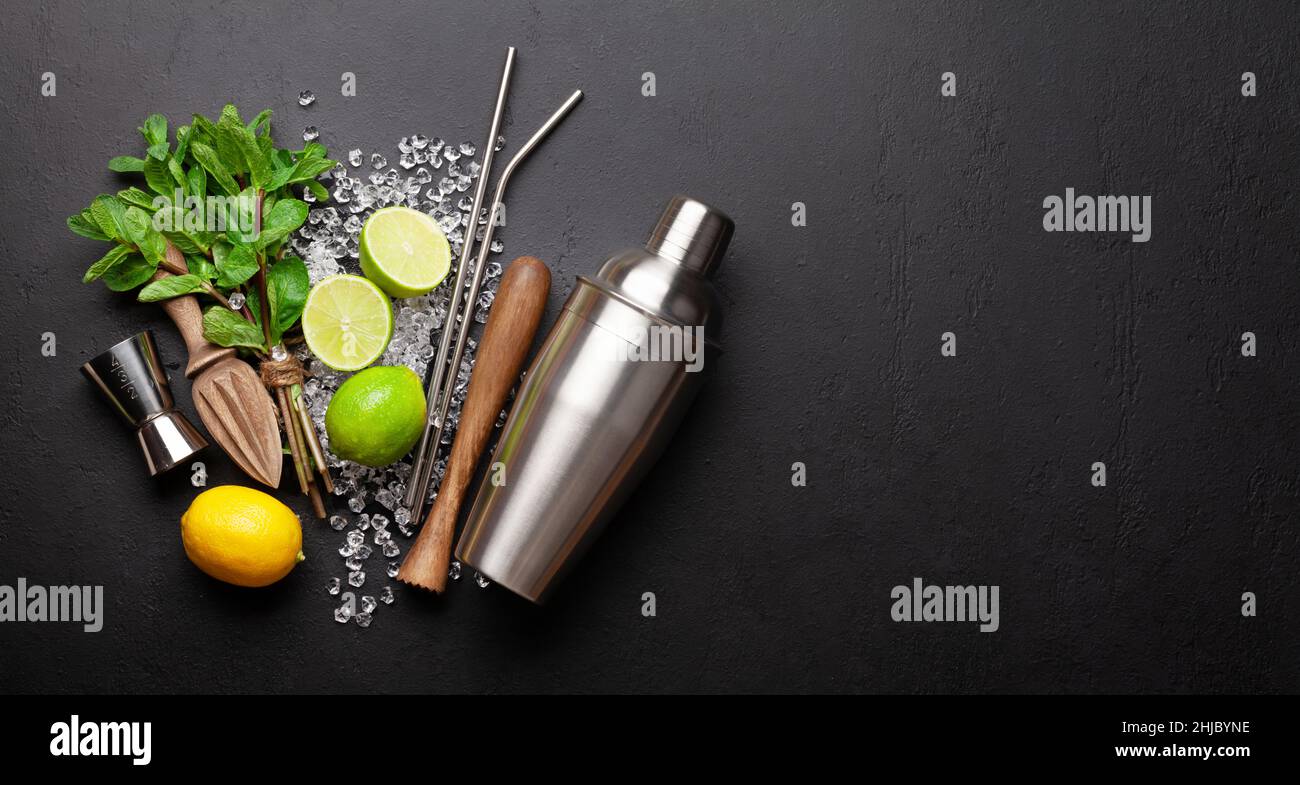 Mojito cocktail making. Ingredients and drink utensils. Top view flat ...