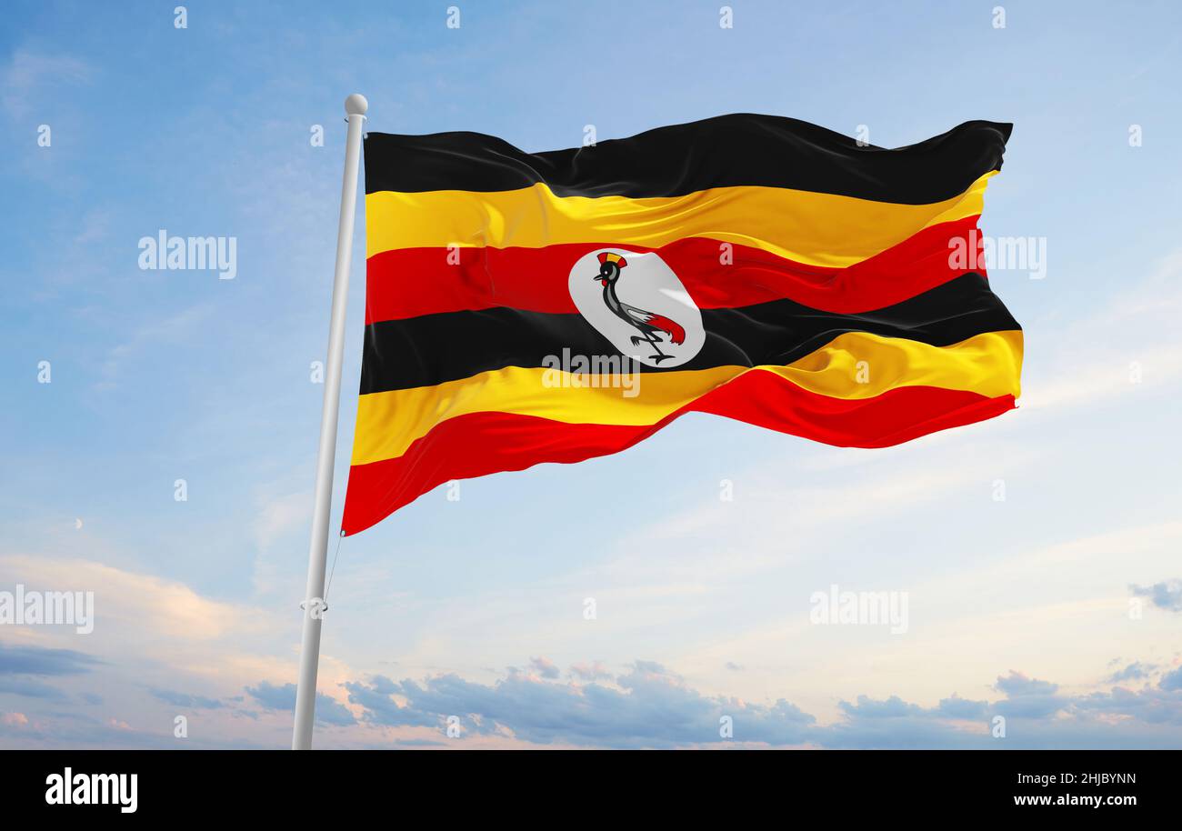 official flag of Uganda at cloudy sky background on sunset, panoramic ...