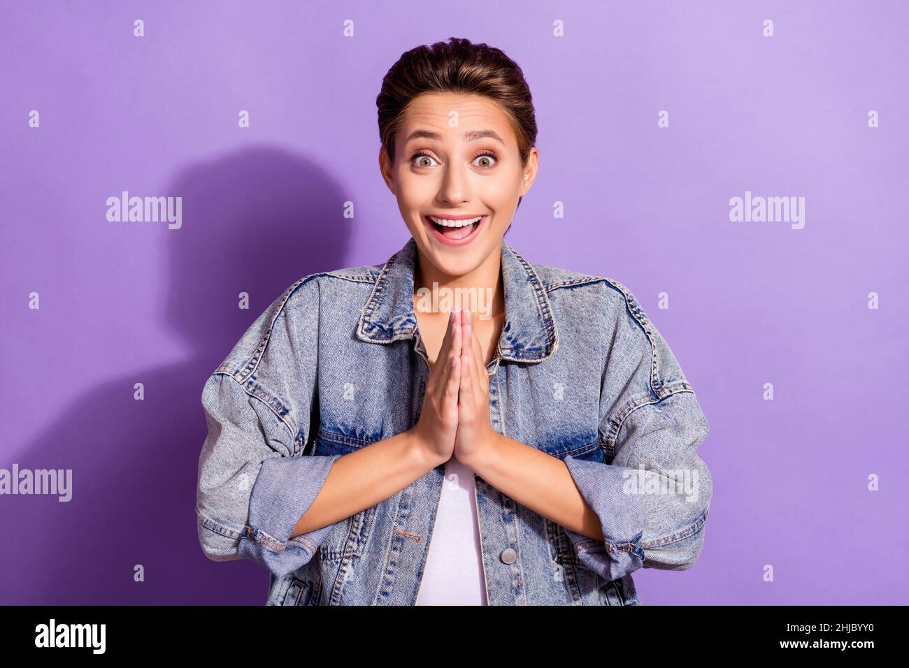 Photo of young amazed shocked woman clap hands anticipation good mood ...