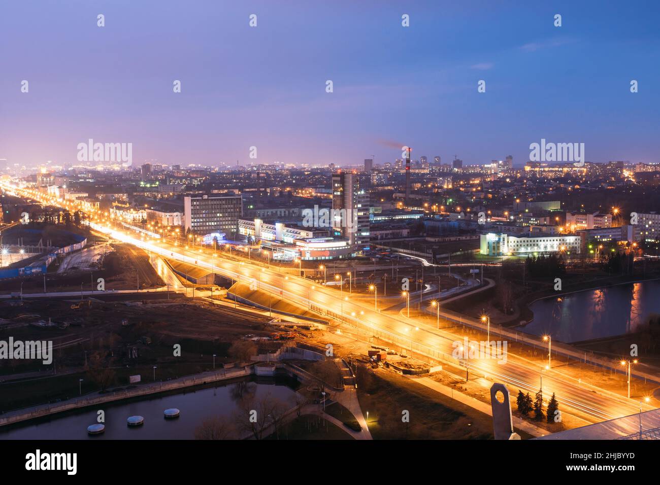 Minsk, Belarus. Aerial View Cityscape In Bright Blue Hour Evening And ...