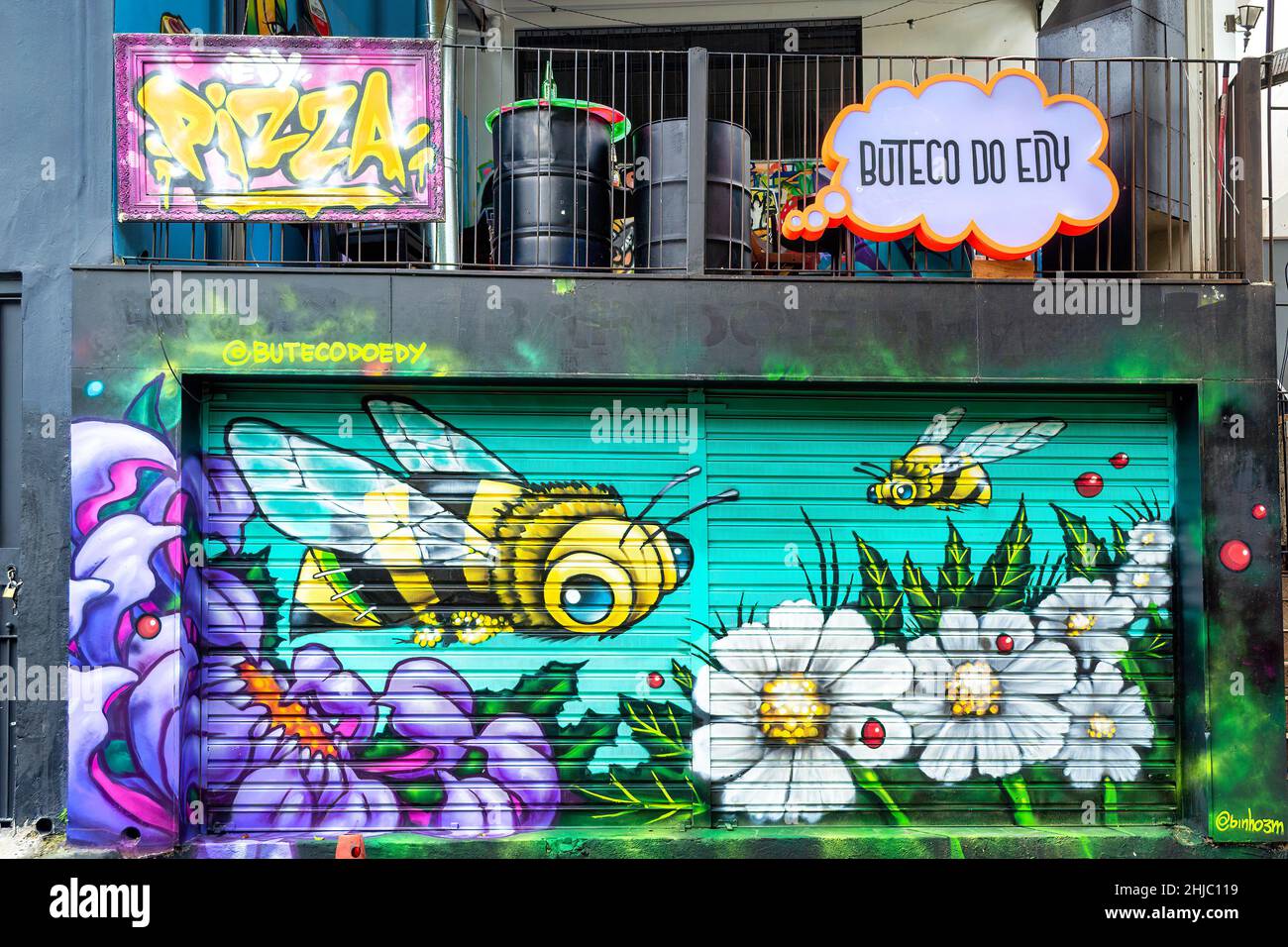 Beautiful graffiti or urban painting of a bee and flowers in a garage ...