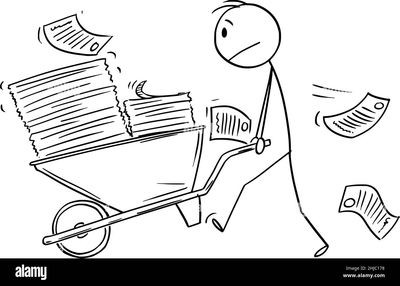 Businessman Pushing Pile of Documents on Wheelbarrow, Vector Cartoon ...