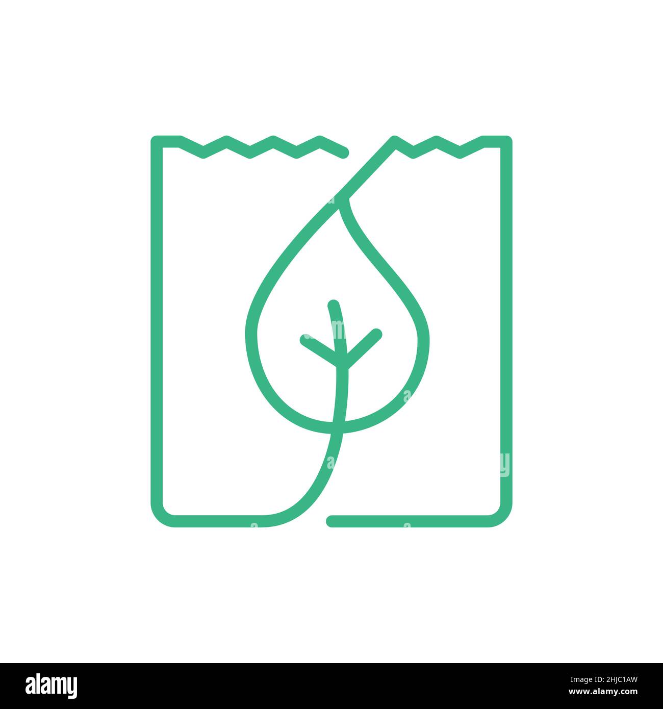 Biodegradable packaging line icon. Green paper bag with leaf. Recycle ...