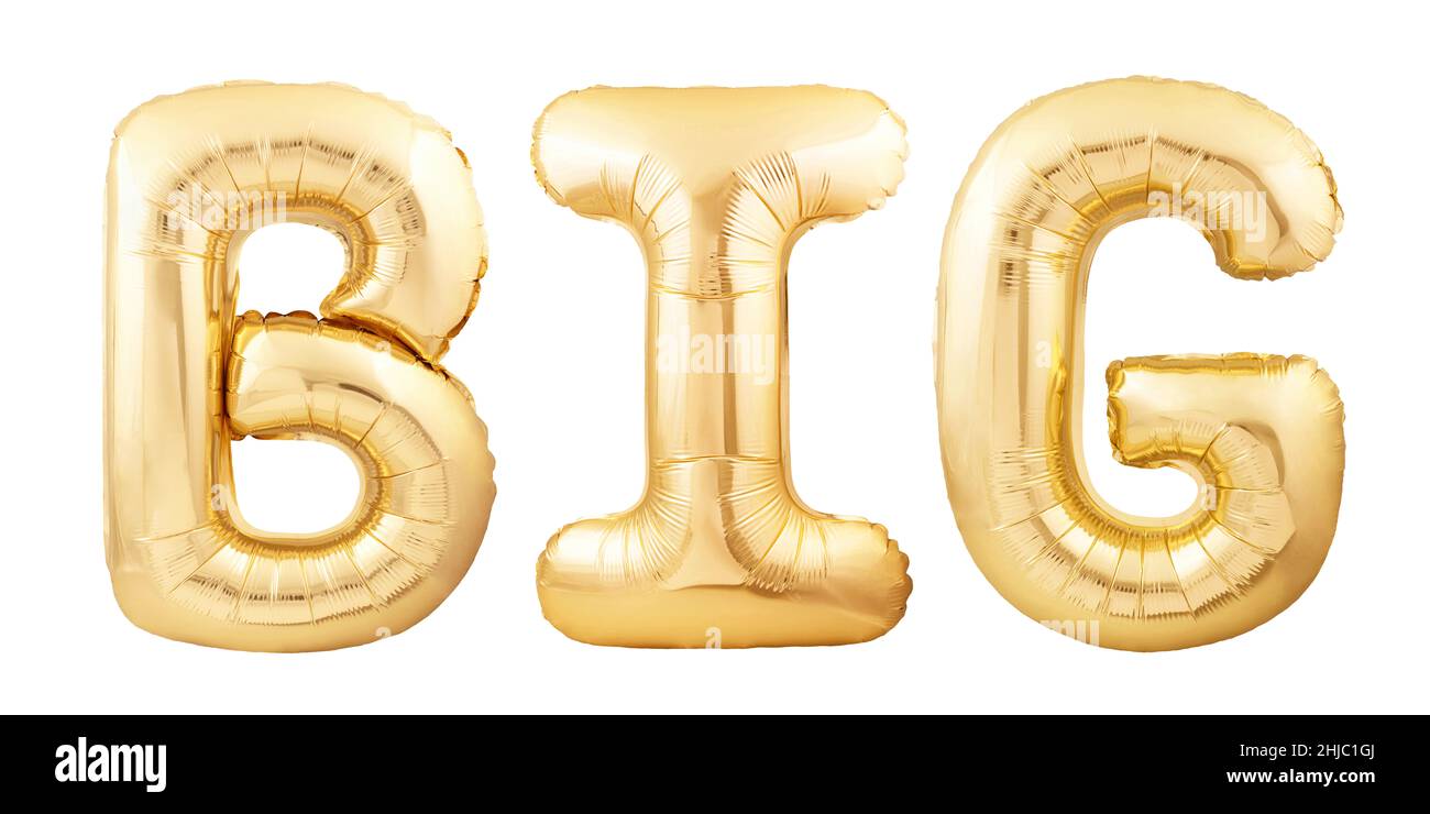 Word Big made of golden inflatable balloon letters isolated on white ...
