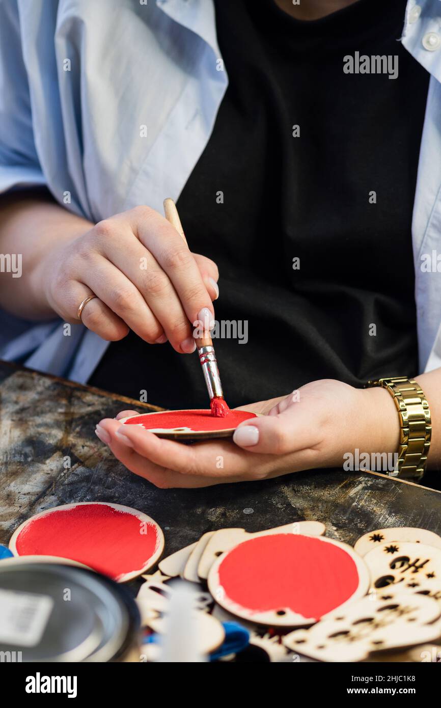 Process making handmade wooden Christmas toys in carpentry woodworking ...