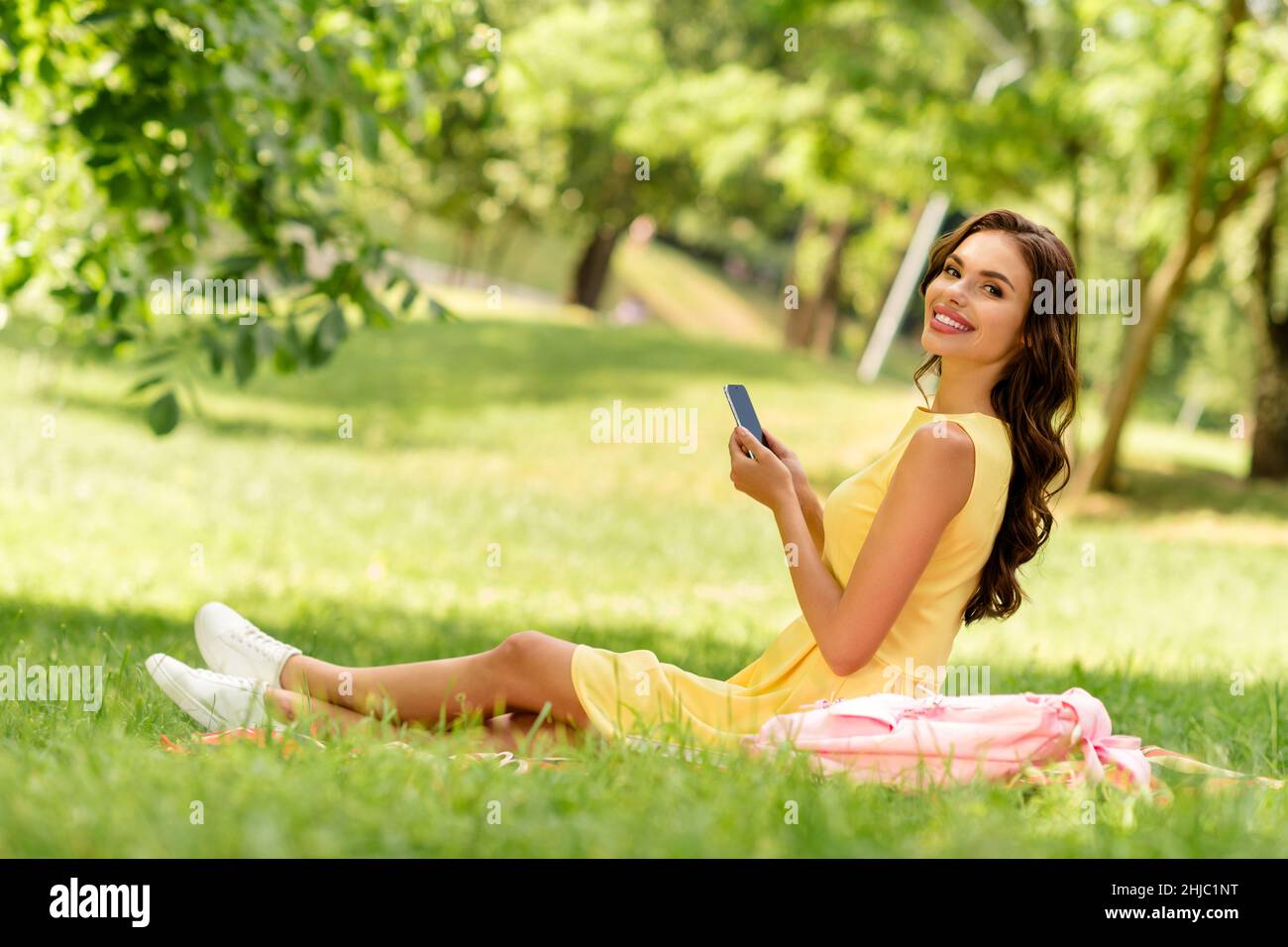 Full body profile side photo of young cheerful woman happy positive ...
