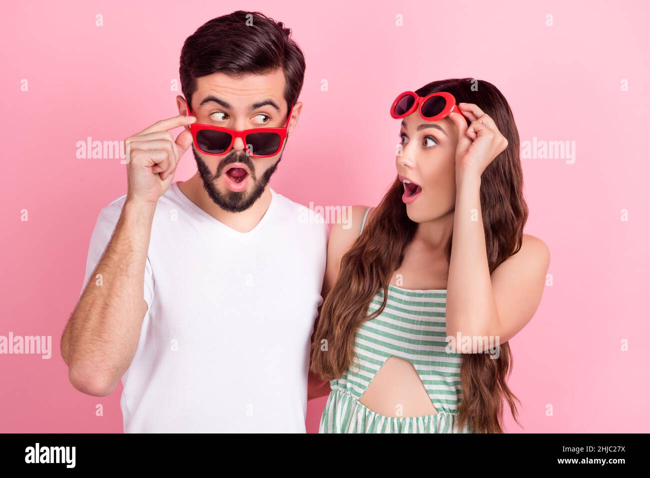 Photo of excited funny funky couple sale reaction amazing news wait ...