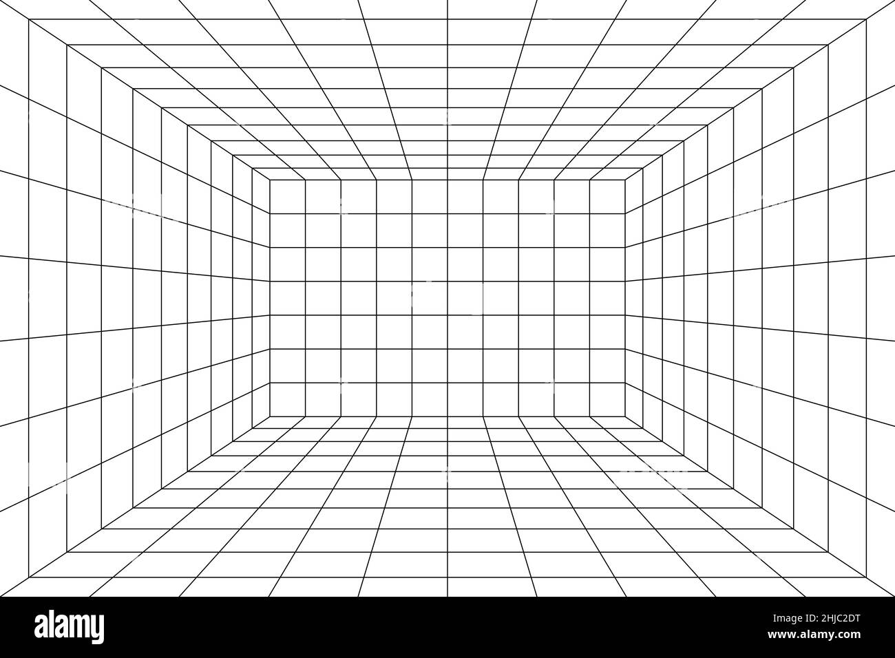 3d digital grid of room space with one point perspective. White empty ...