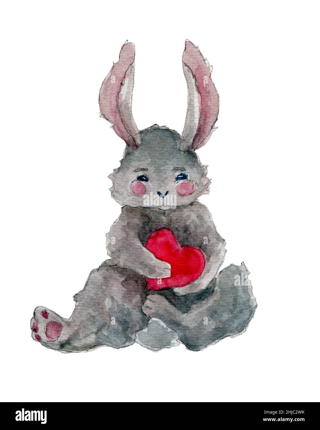 Watercolor hand drawn illustration of gray rabbit with pink cheeks ...