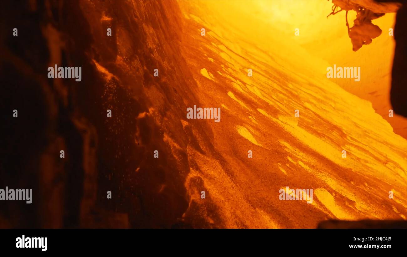 View inside of a blast furnace during the process of metal melting ...