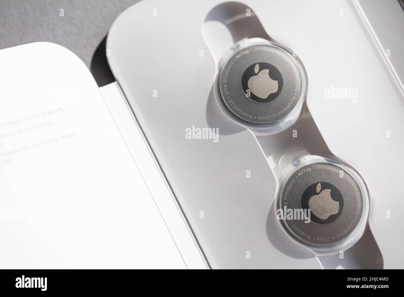 LONDON, UK - January 2021: Apple air tag device that helps people keep ...