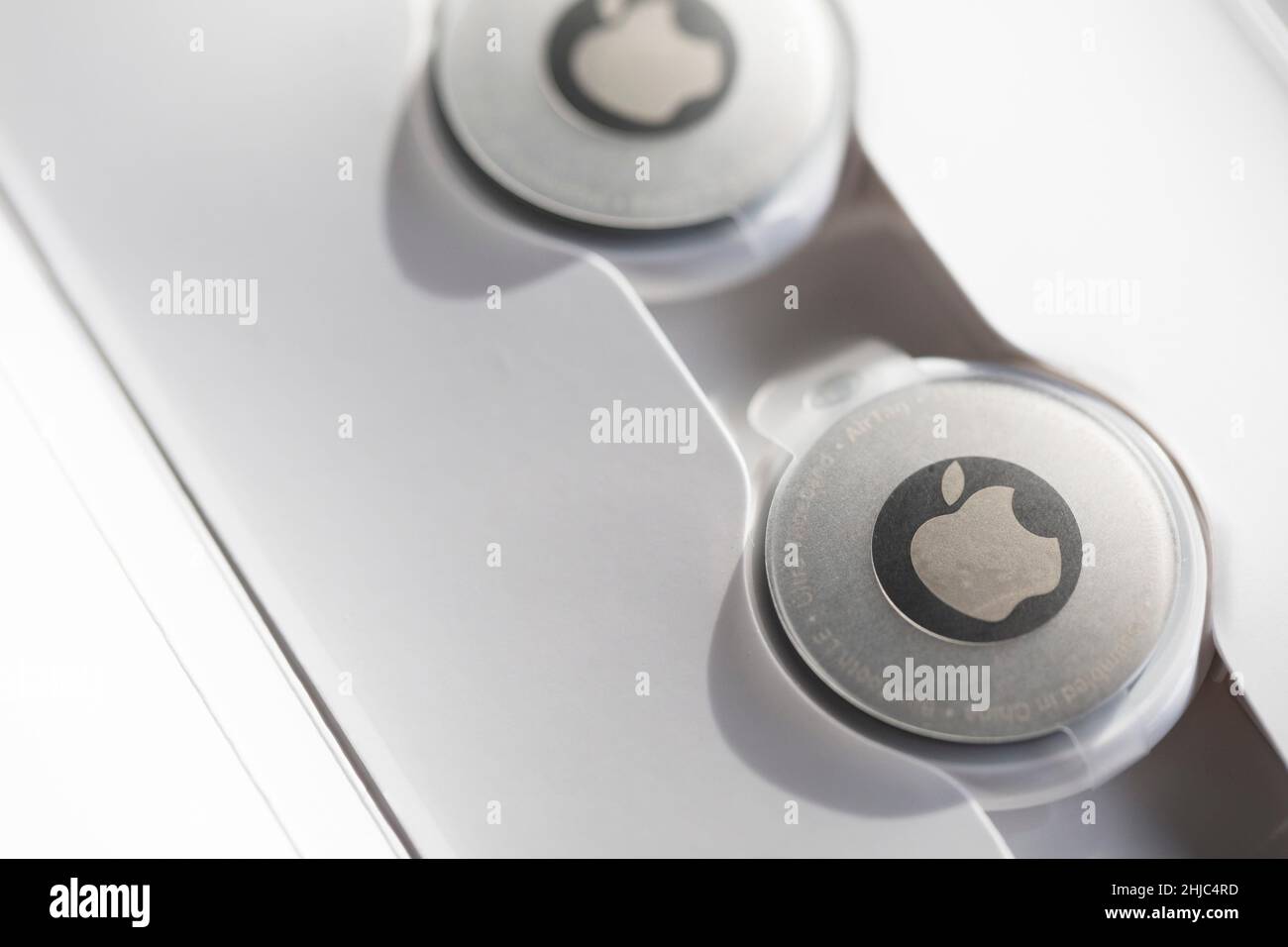 LONDON, UK - January 2021: Apple air tag device that helps people keep ...