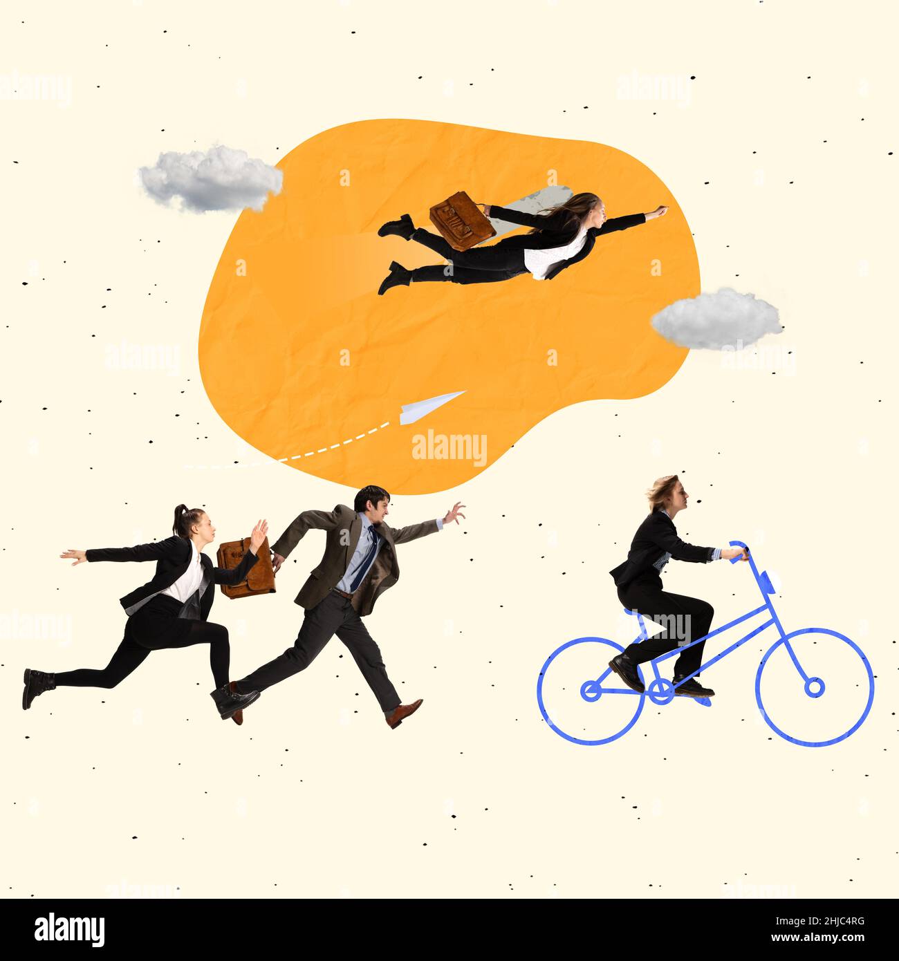 Contemporary art collage. Business people, office workers goint to work ...