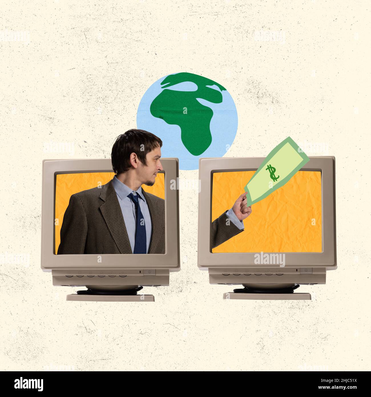 Contemporary art collage. Businessman sticking out computer screen with ...