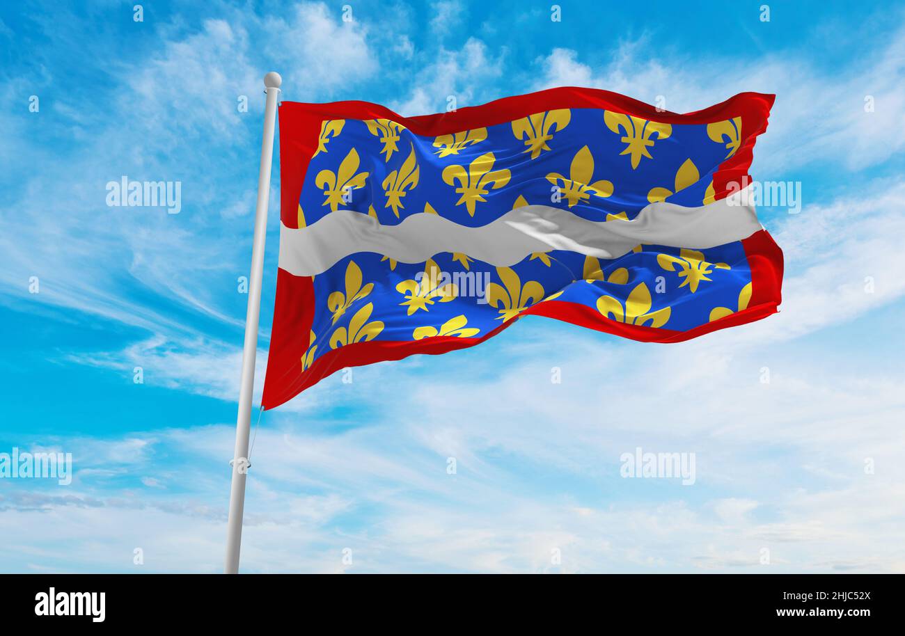 flag of department of Cher, France at cloudy sky background on sunset ...