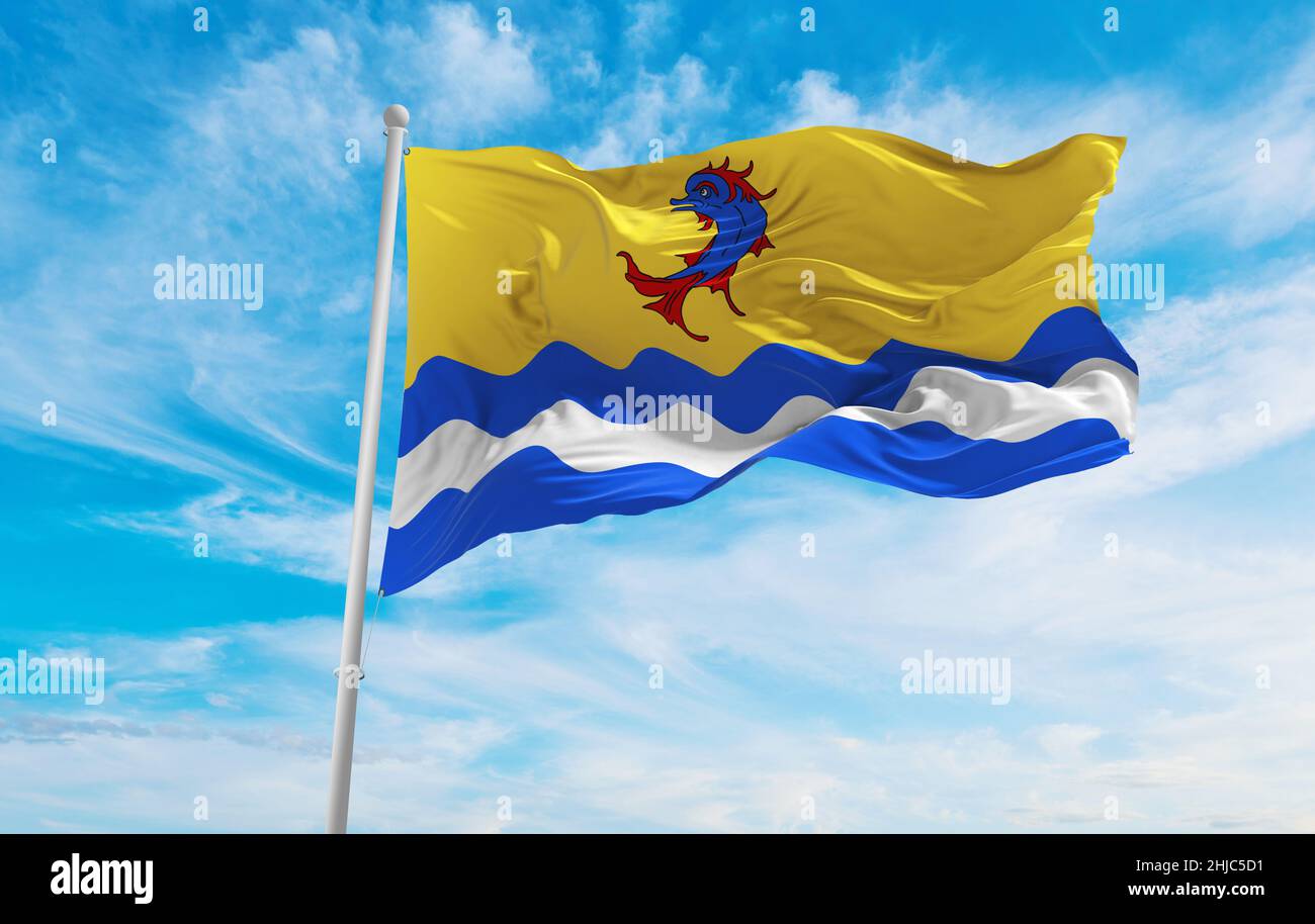 flag of department of Drome, France at cloudy sky background on sunset ...