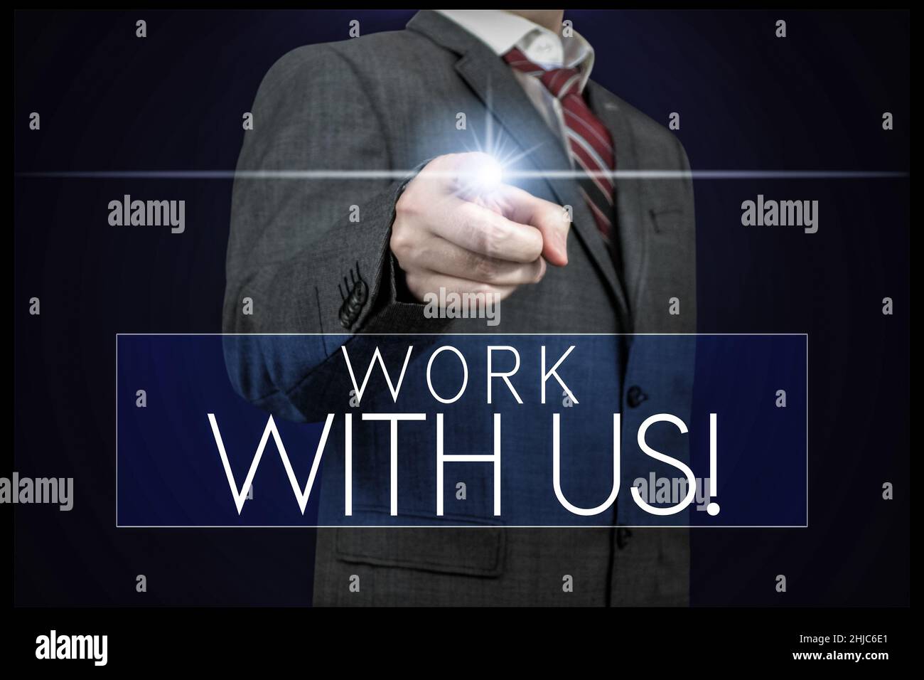 Work with us - lettering, businessman pointing finger Stock Photo - Alamy