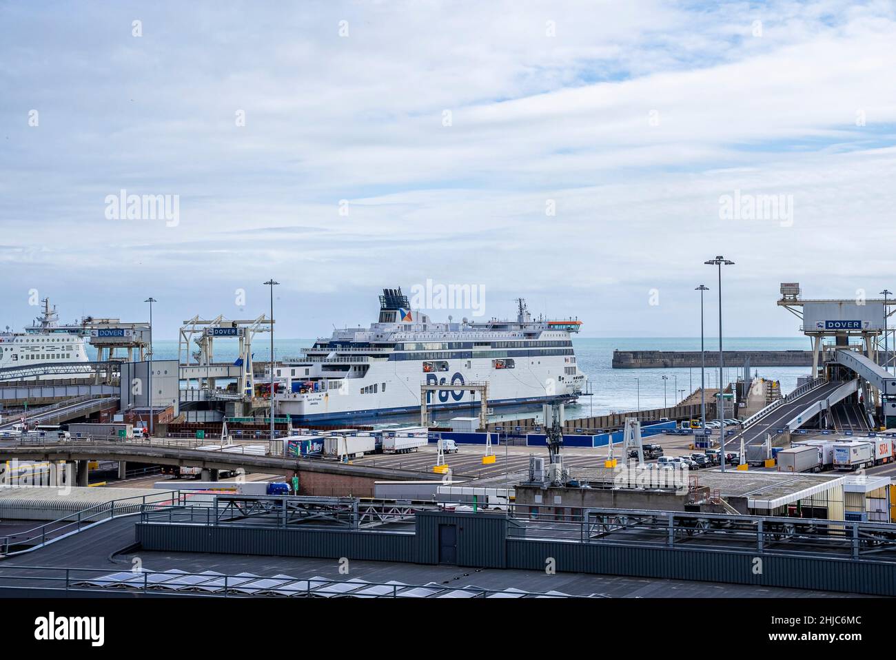 Ferry at Port of Dover terminal. Lorries and cars waiting for channel ...