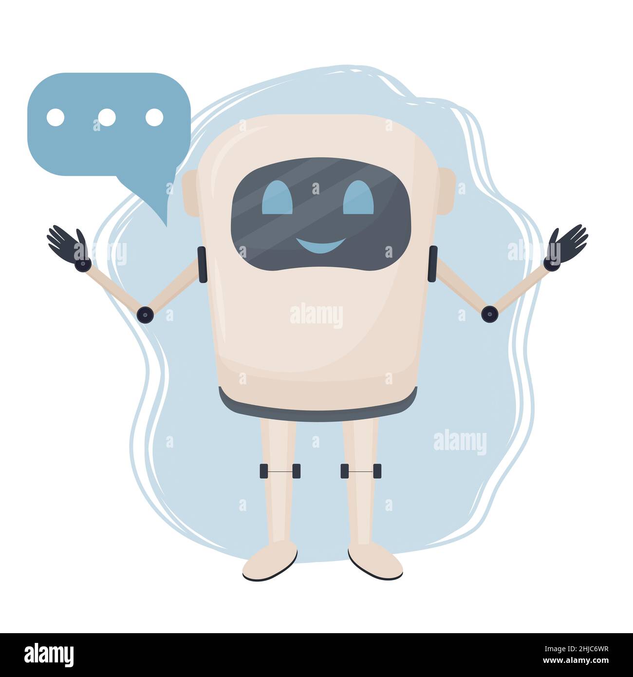 Positive character chat bot, robot standing isolated on white ...