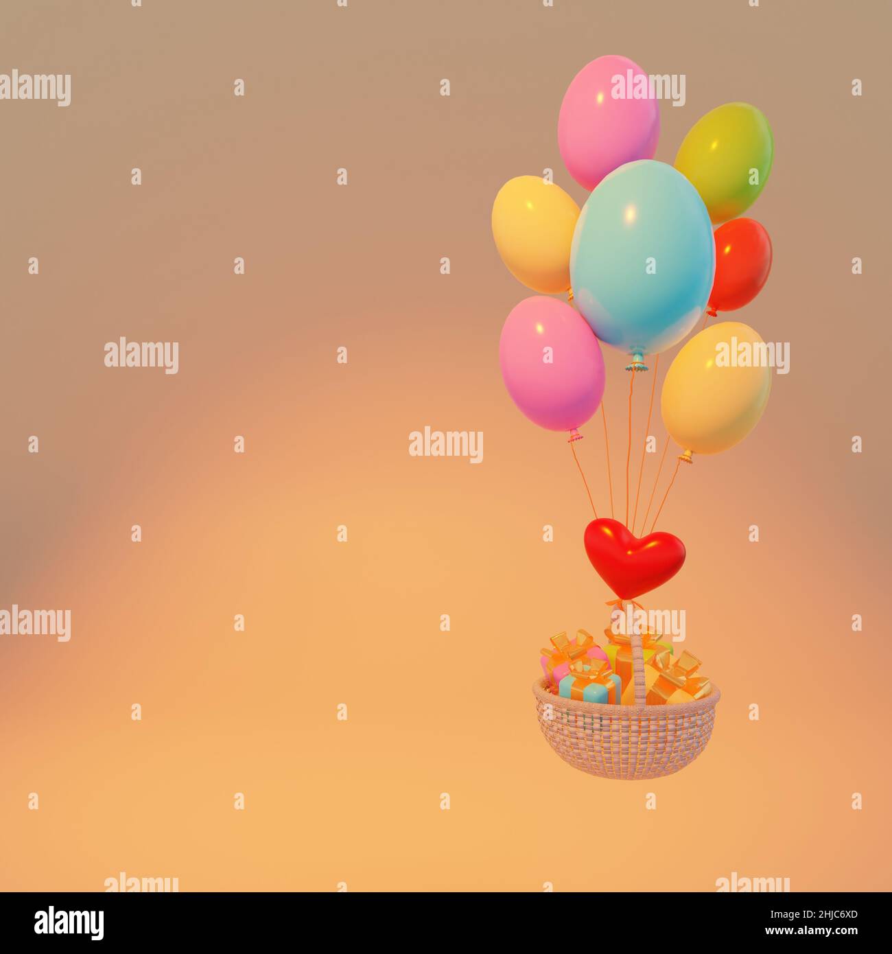 3d render. colorful balloons carry a basket with gifts, warm orange ...