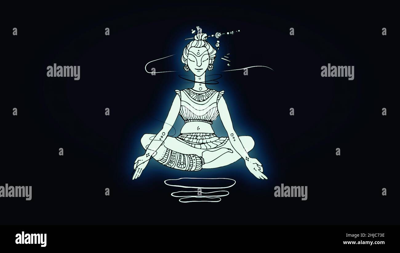 Abstract, sporty, young yogi in lotus position, flying in the air ...