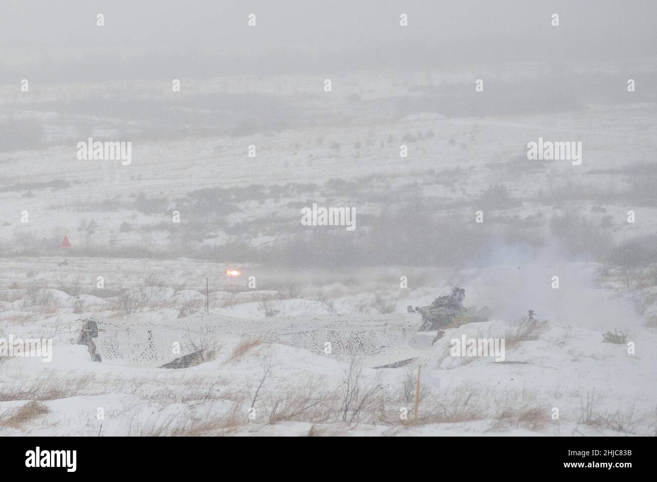 Lviv, Ukraine. 28th Jan, 2022. Rocket of NLAW seen in flight during ...