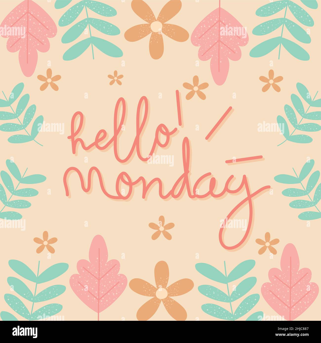 Colorful Hello Monday Design With Leaves Around Stock Vector Image