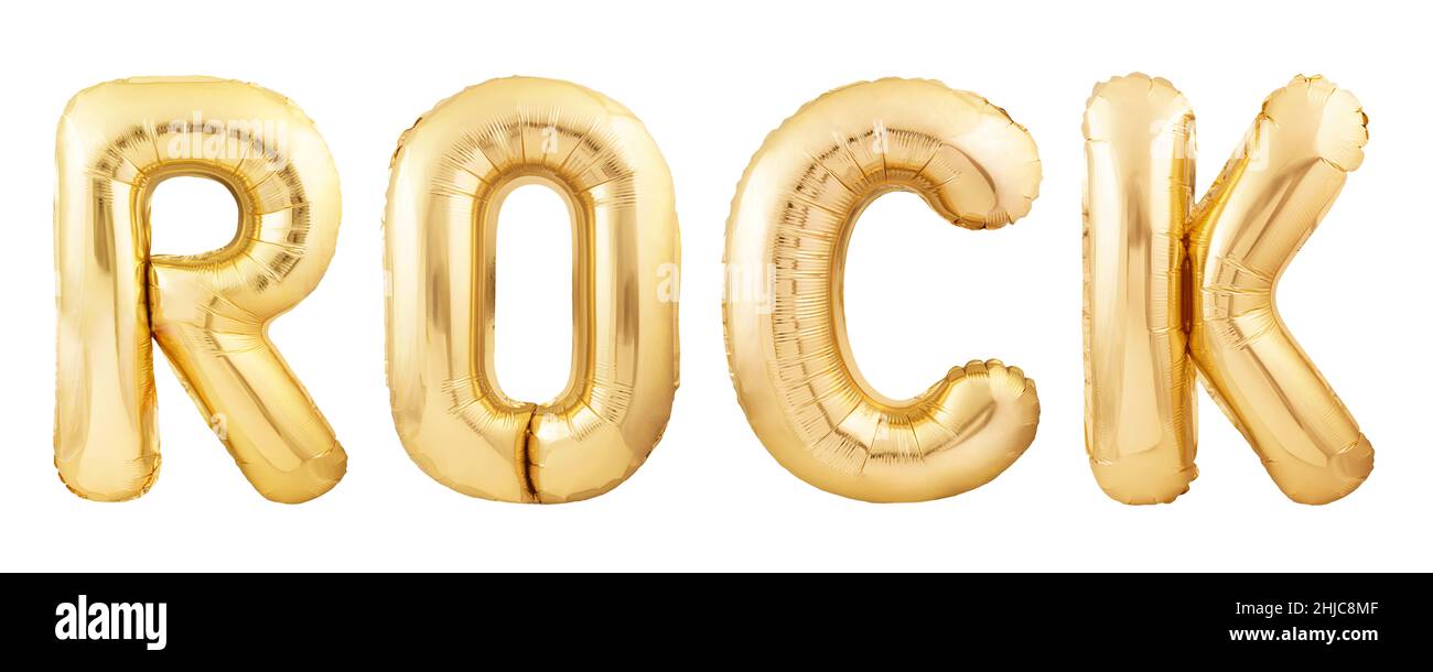 Rock word message made of golden inflatable balloons isolated on white ...