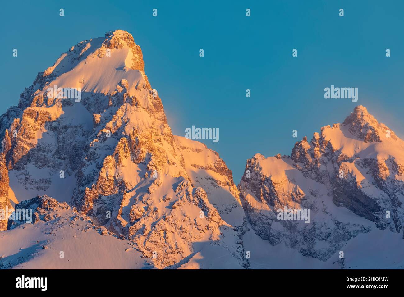 Snow-covered Grand Teton and Mount Owen in the Grand Teton Range in ...